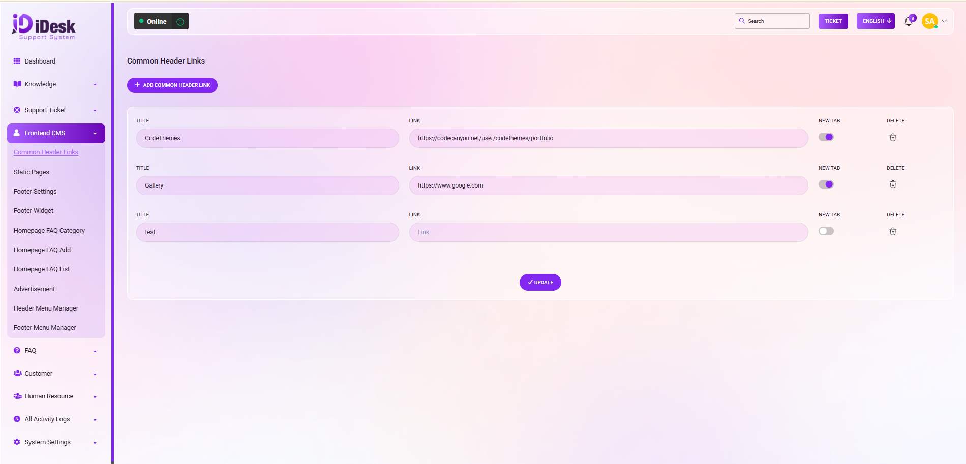 How to Add Common Header Link in FrontendCMS | Aorasoft HelpDesk